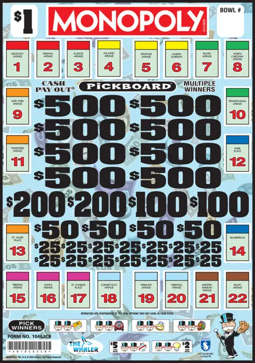 AN10462CB – MONOPOLY ($1.00) BIG PIC PULLBOARD – The Whaler Pull Tab Store