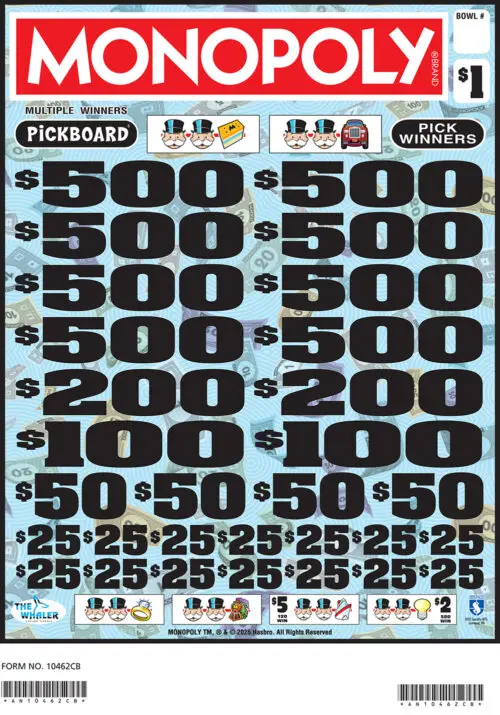AN10462CB – MONOPOLY ($1.00) BIG PIC PULLBOARD – The Whaler Pull Tab Store