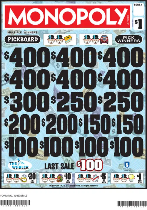 AN10433EMLS – MONOPOLY ($1.00) EMBEDDED PULLBOARD – The Whaler Pull Tab ...